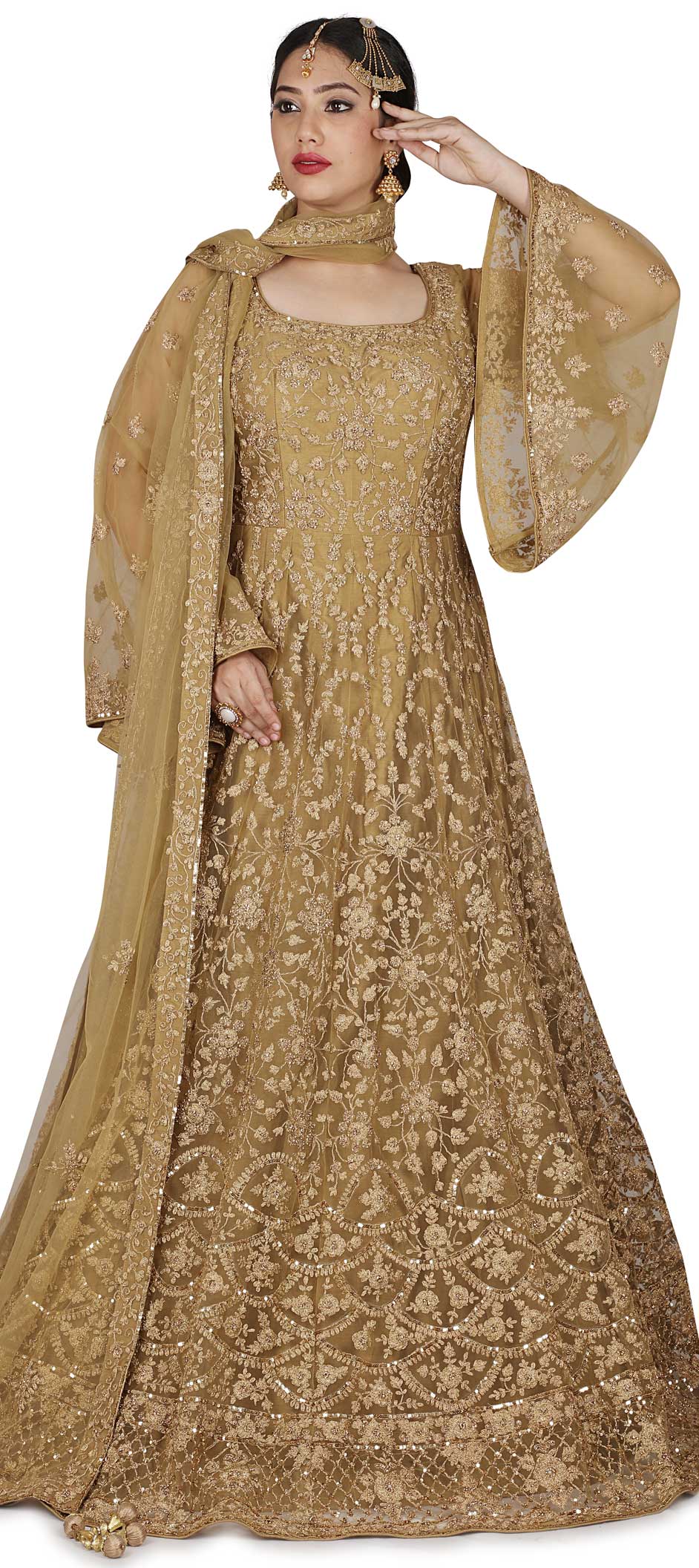 Bridal, Wedding Gold color Net fabric Salwar Kameez : 1633592