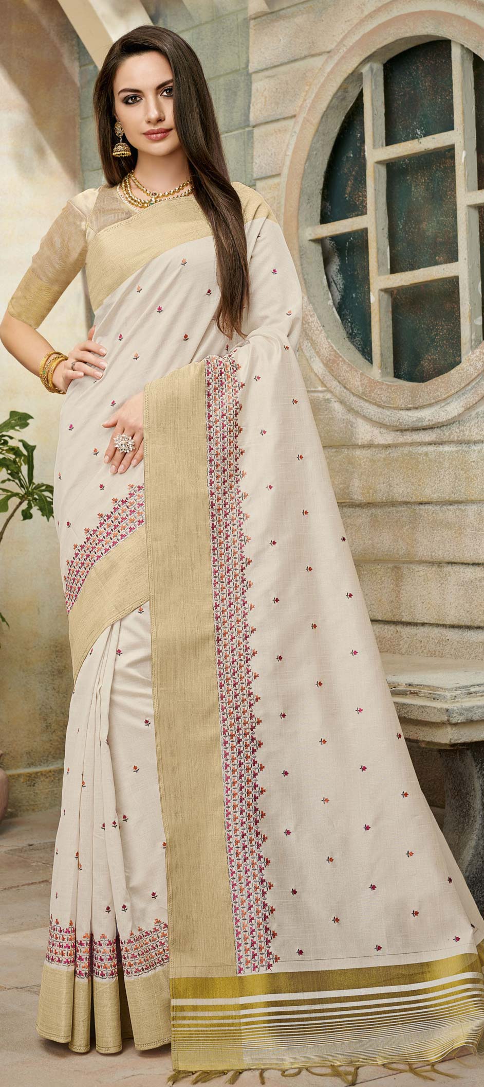 Traditional White and Off White color Silk, Silk cotton fabric Saree ...
