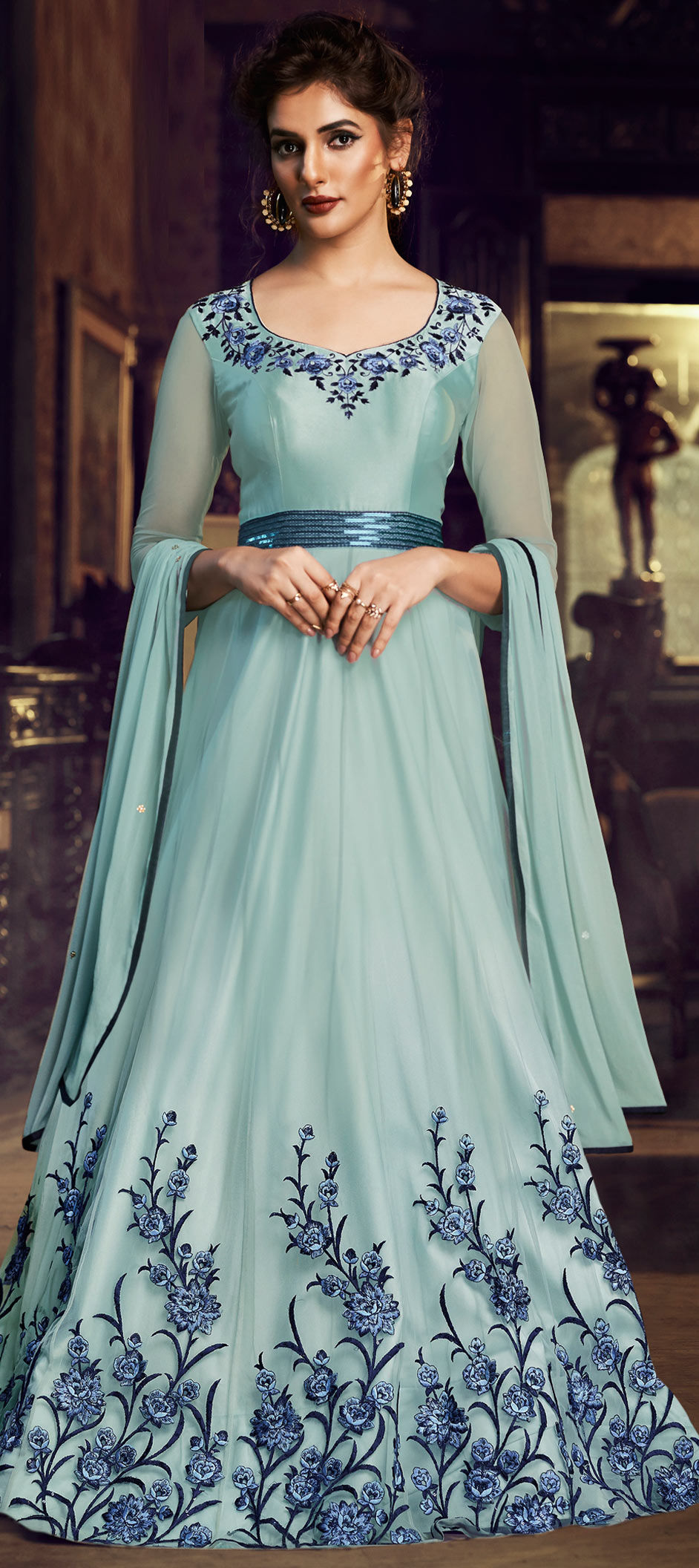 Party Wear, Reception Green color Net fabric Gown : 1634002