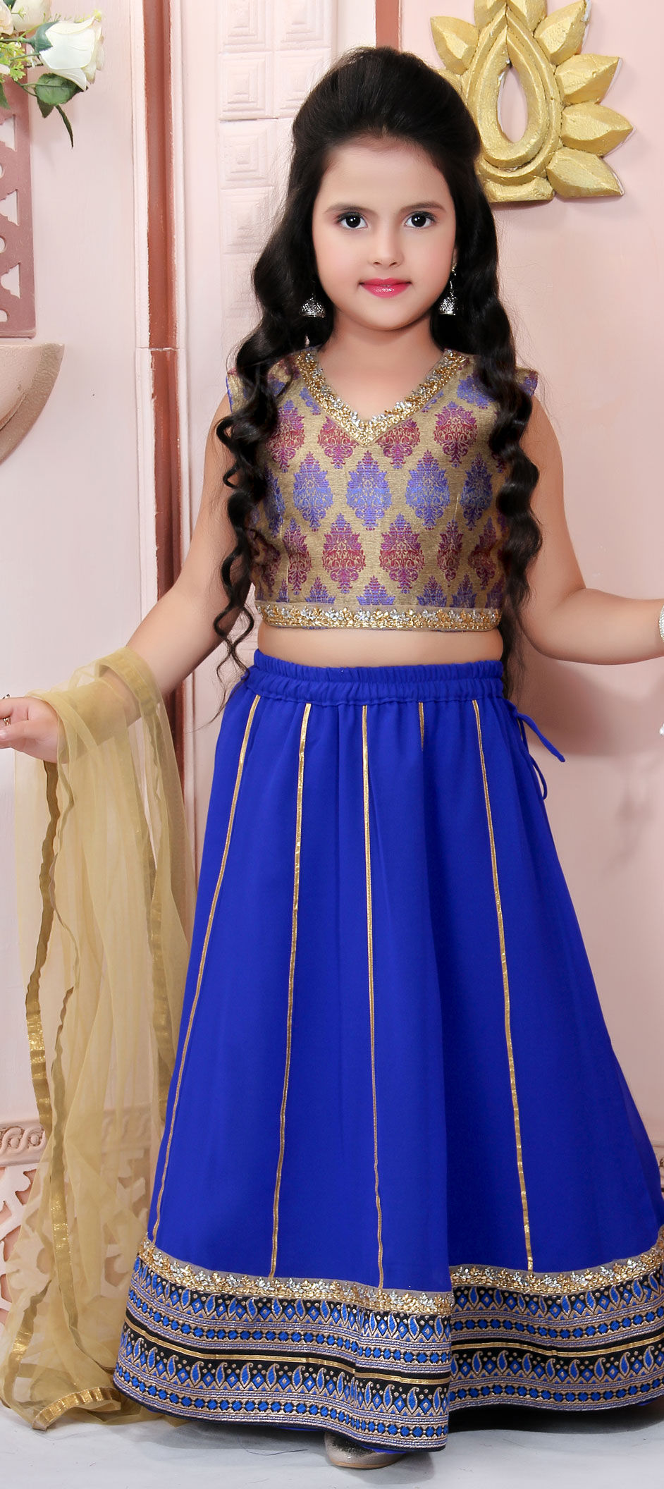 Blue color Brocade fabric Kids Lehenga : 1635773