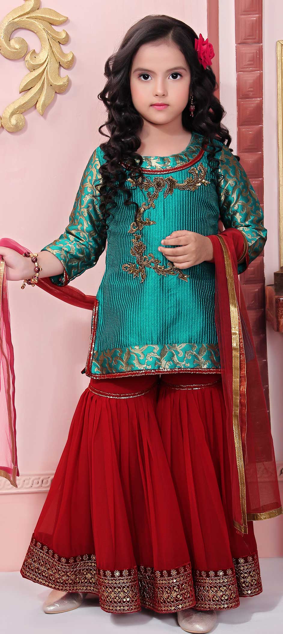 Blue, Red and Maroon color Brocade fabric Kids Salwar : 1635837