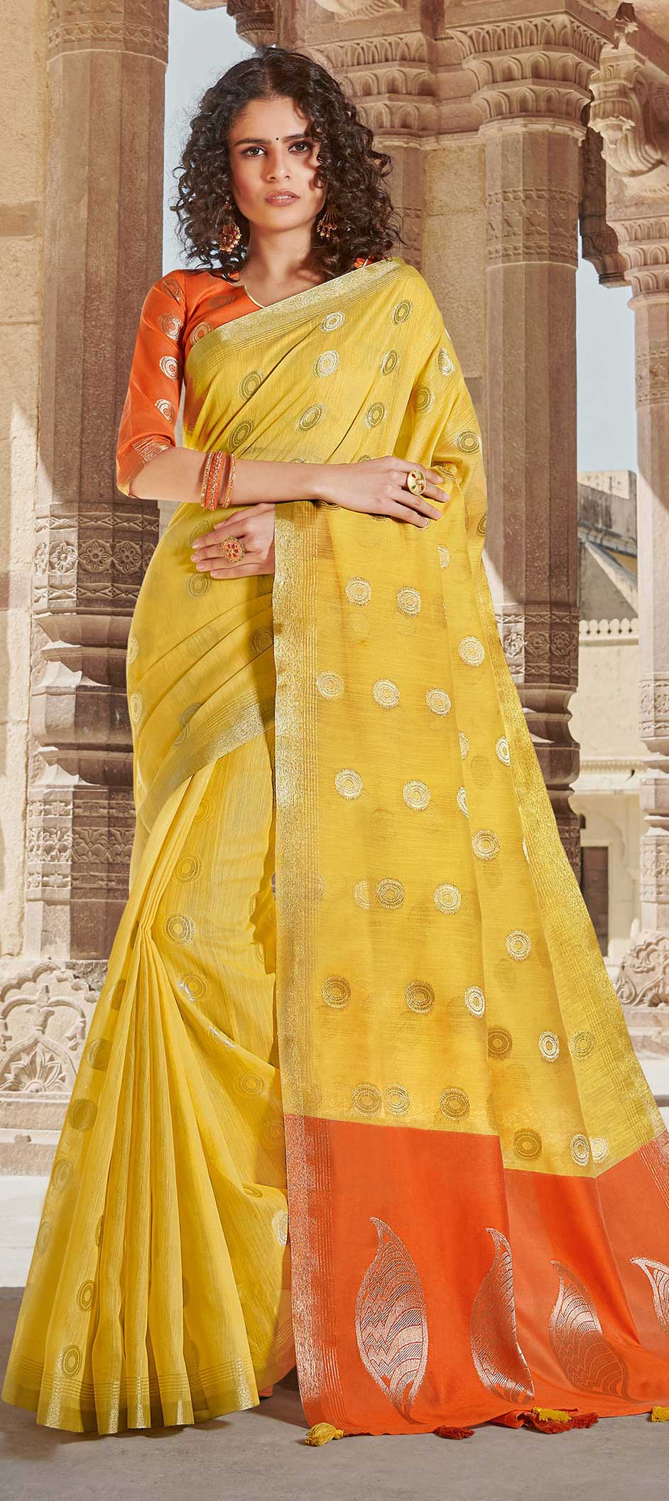 Traditional Yellow color Linen fabric Saree : 1636757