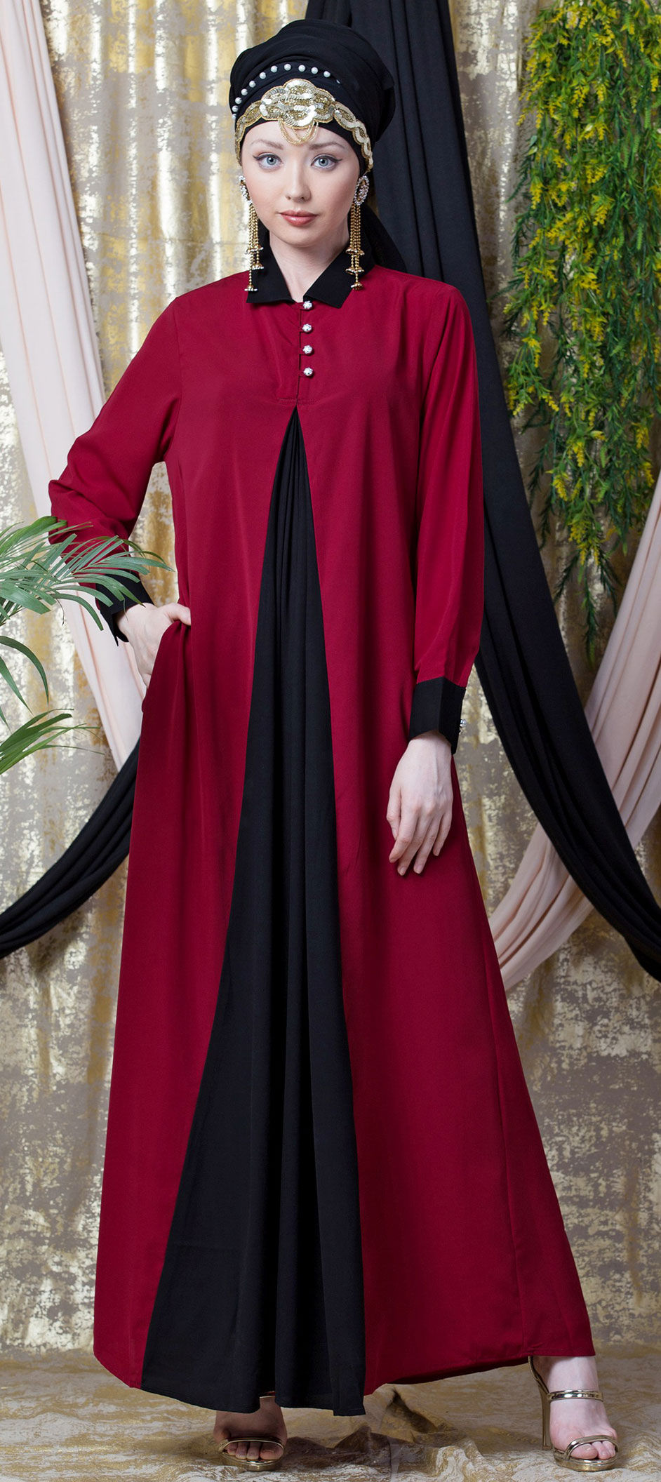 Black and Grey, Red and Maroon color Polyester Silk fabric Abaya : 1637255