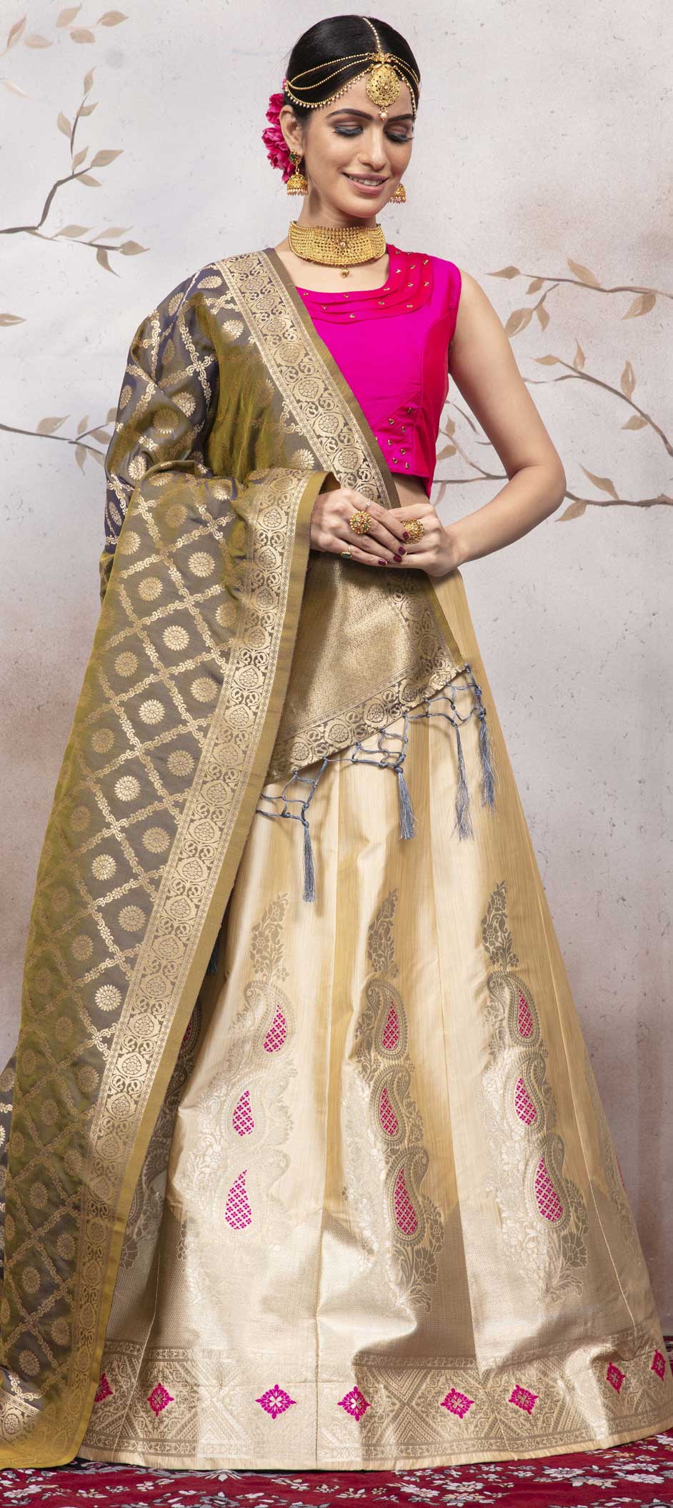 Engagement, Festive, Reception Gold color Jacquard fabric Lehenga : 1638267