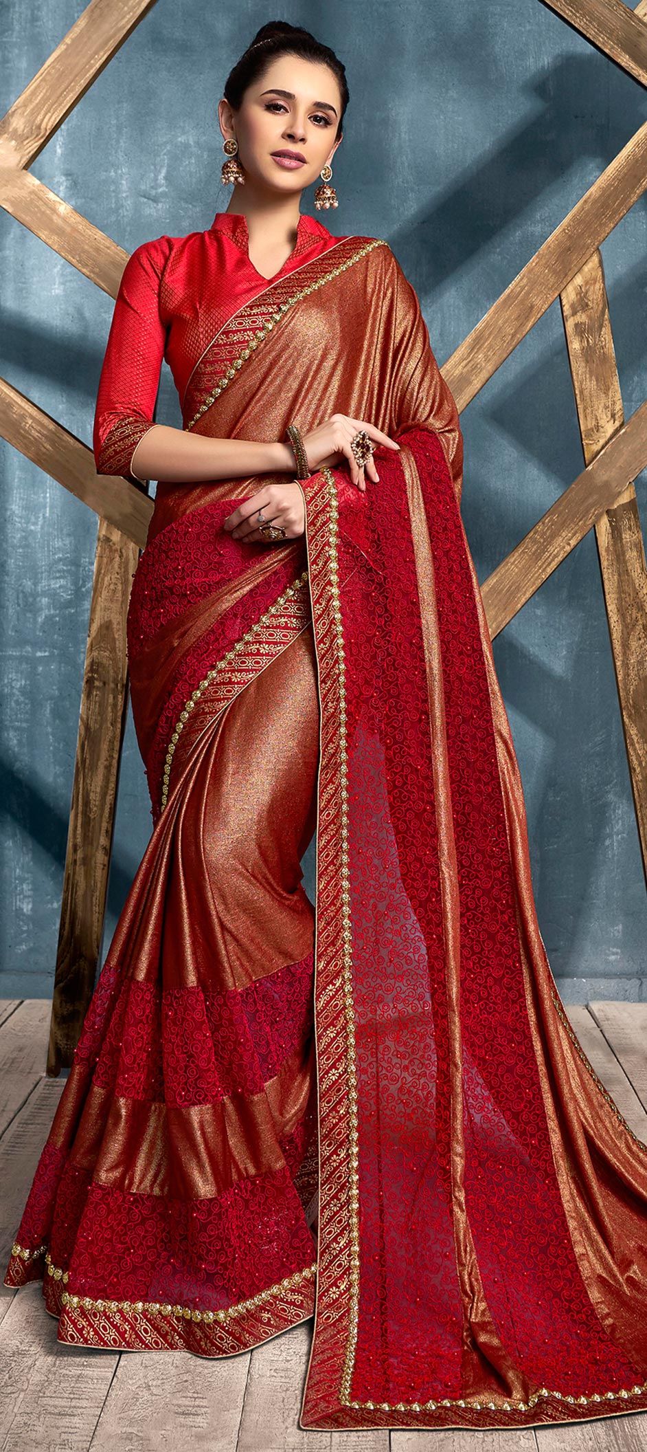 Party Wear, Reception Red and Maroon color Lycra, Net fabric Saree ...