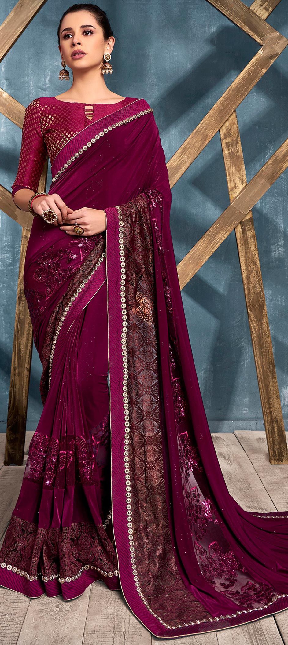 Party Wear, Reception Purple and Violet color Lycra, Net fabric Saree ...