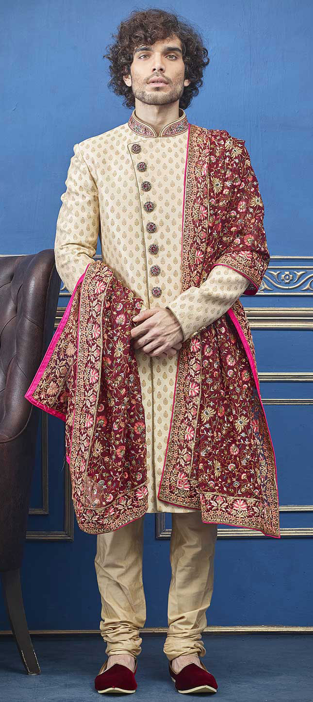 Beige and Brown color Jamawar fabric Sherwani : 1643388