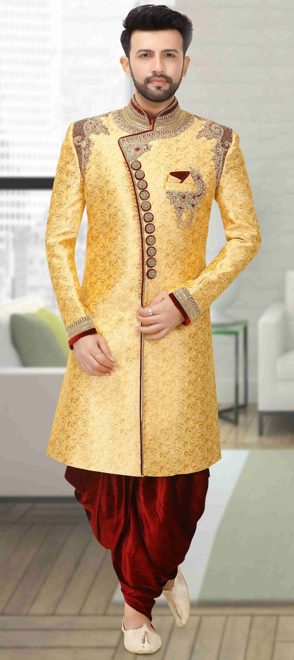 Gold color Brocade, Dupion Silk fabric Dhoti Sherwani : 1644765