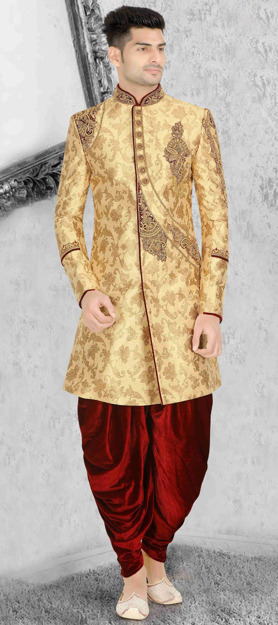 Gold color Brocade, Dupion Silk fabric Dhoti Sherwani : 1644790