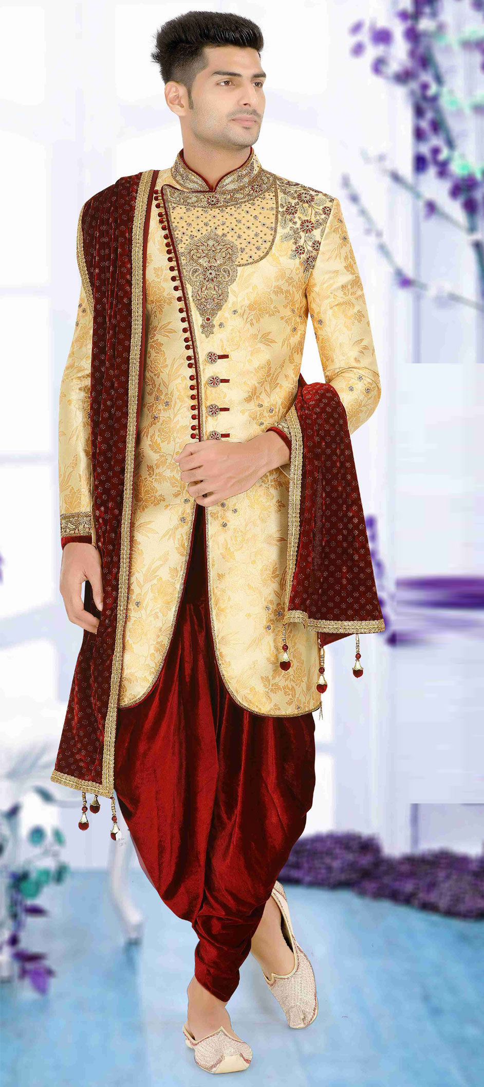 Gold color Brocade, Dupion Silk fabric Dhoti Sherwani : 1644797