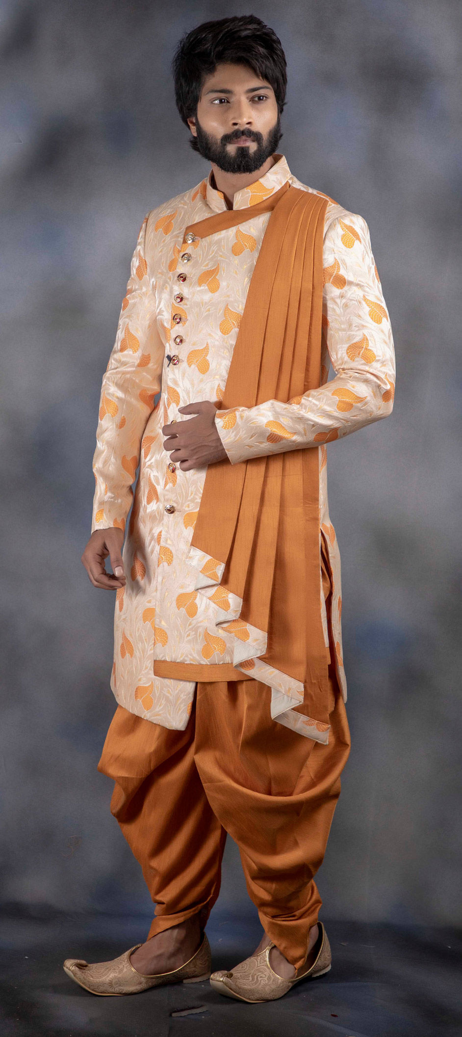 Beige and Brown color Imported, Jacquard fabric IndoWestern Dress : 1644858