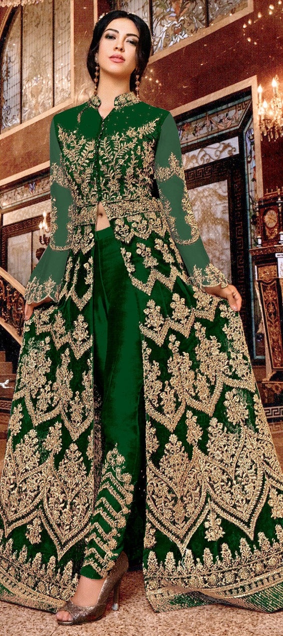 Festive, Mehendi Sangeet, Wedding Green color Net fabric Salwar Kameez ...