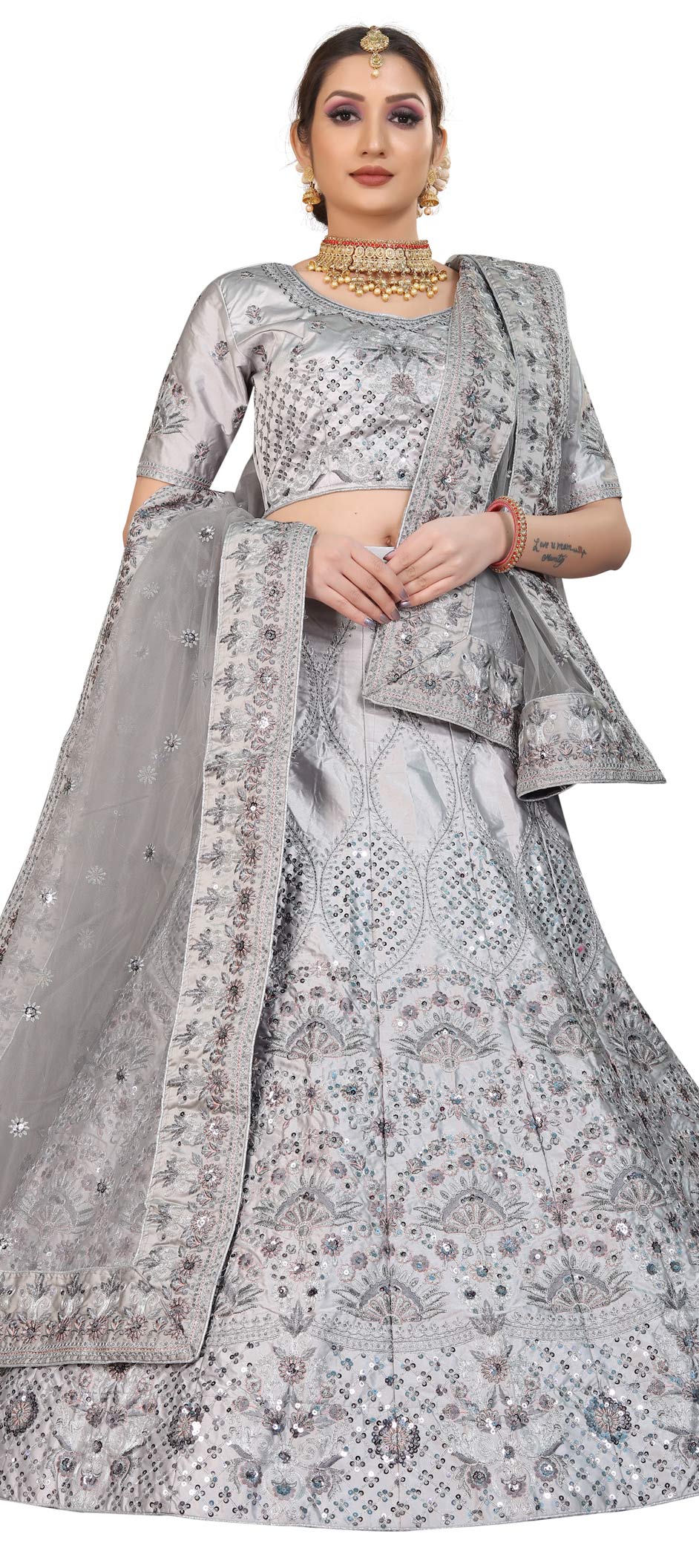 Engagement, Festive, Wedding Silver color Satin Silk fabric Lehenga ...