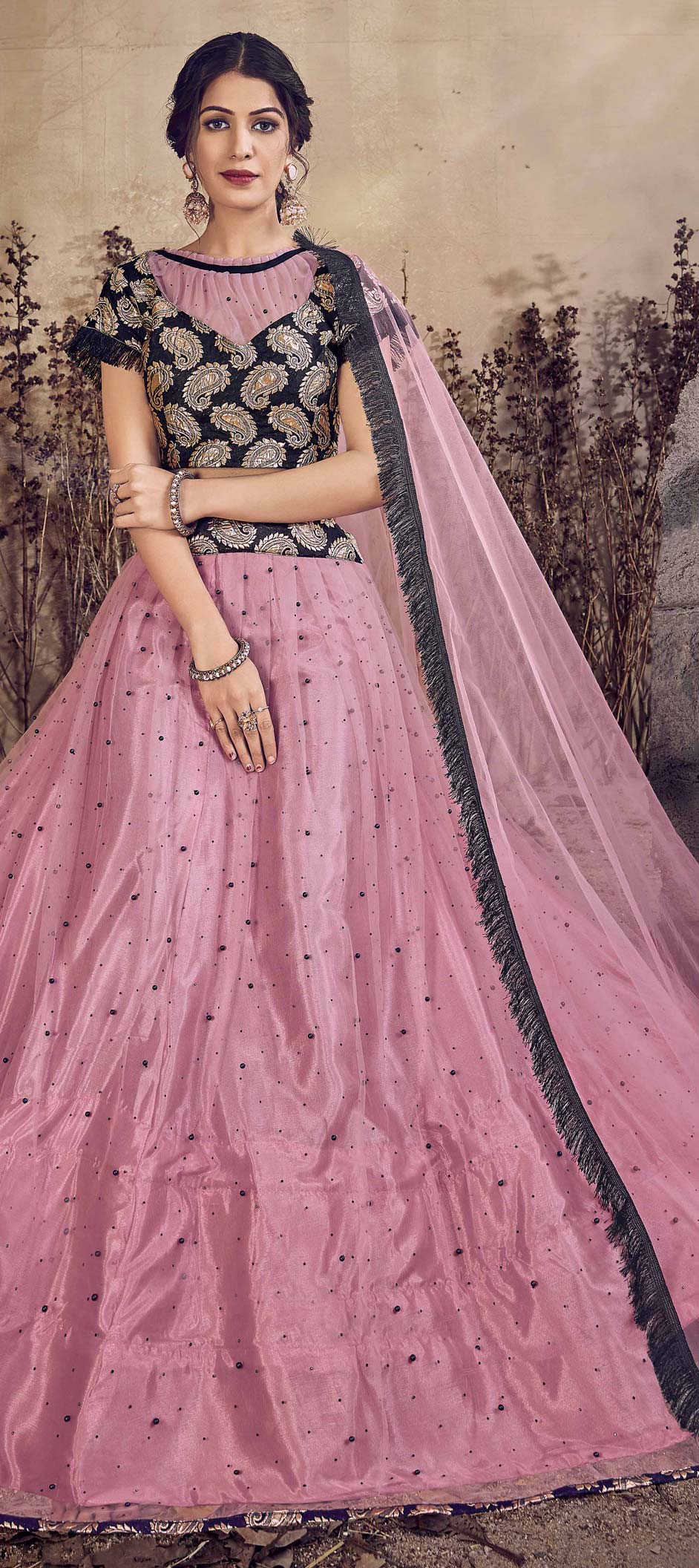 Festive, Reception Pink and Majenta color Net fabric Lehenga : 1653929