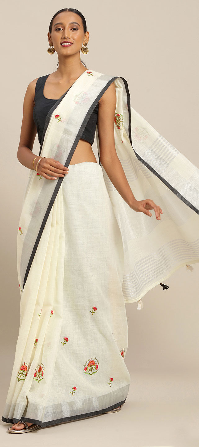 Traditional White and Off White color Linen fabric Saree : 1655109