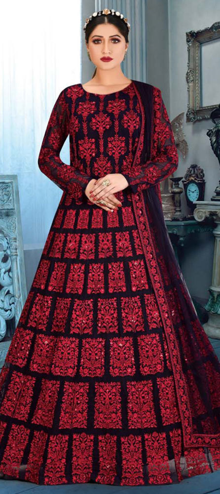 Festive, Reception Black and Grey color Net fabric Salwar Kameez : 1656392