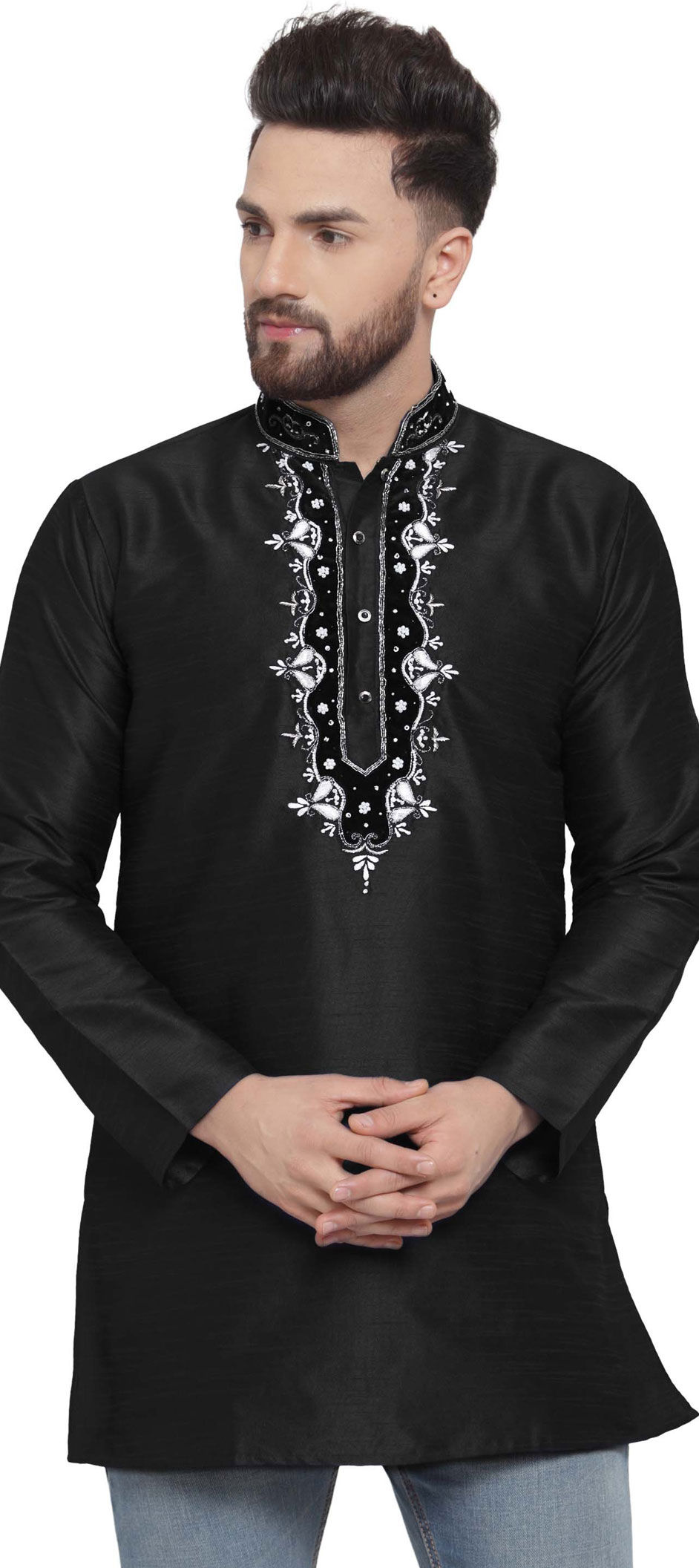 Black and Grey color Dupion Silk fabric Kurta : 1663404