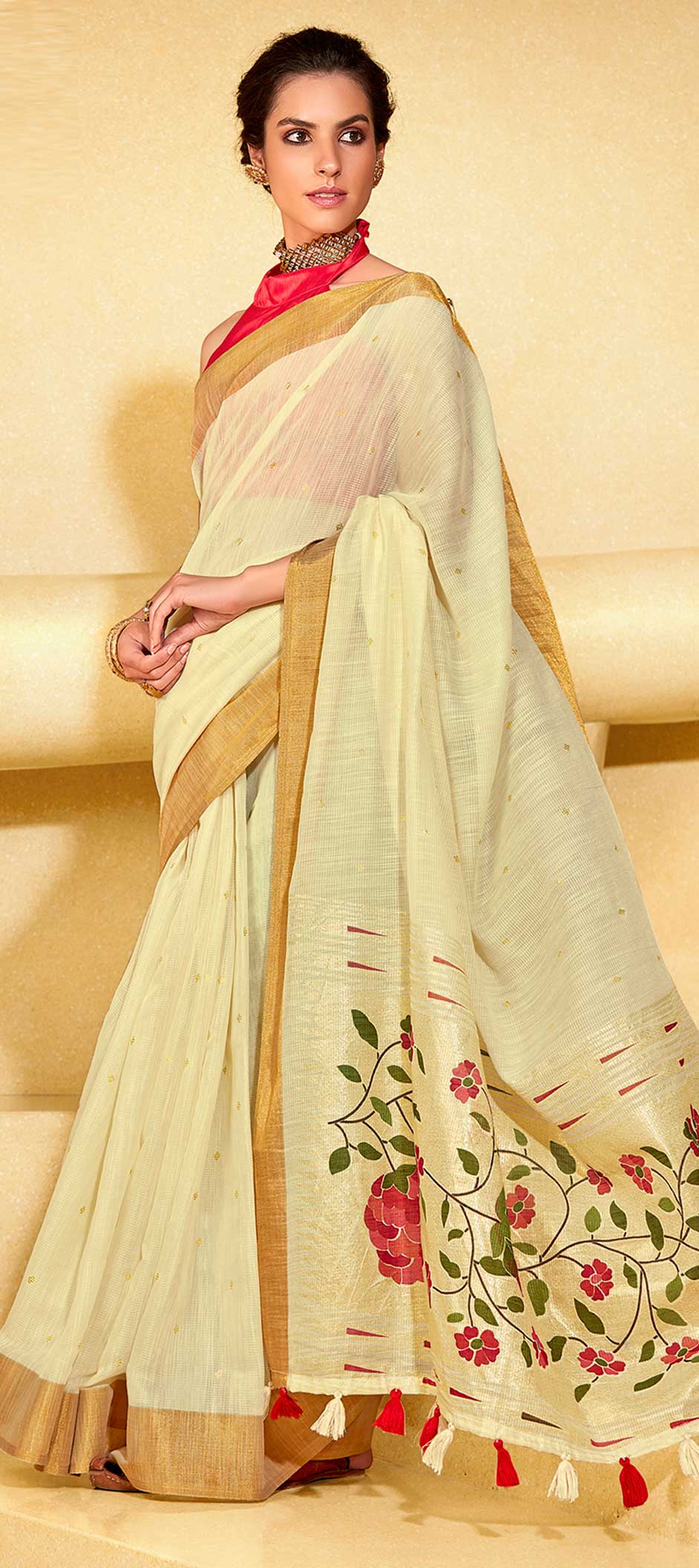 Casual, Traditional Yellow color Linen fabric Saree : 1663851