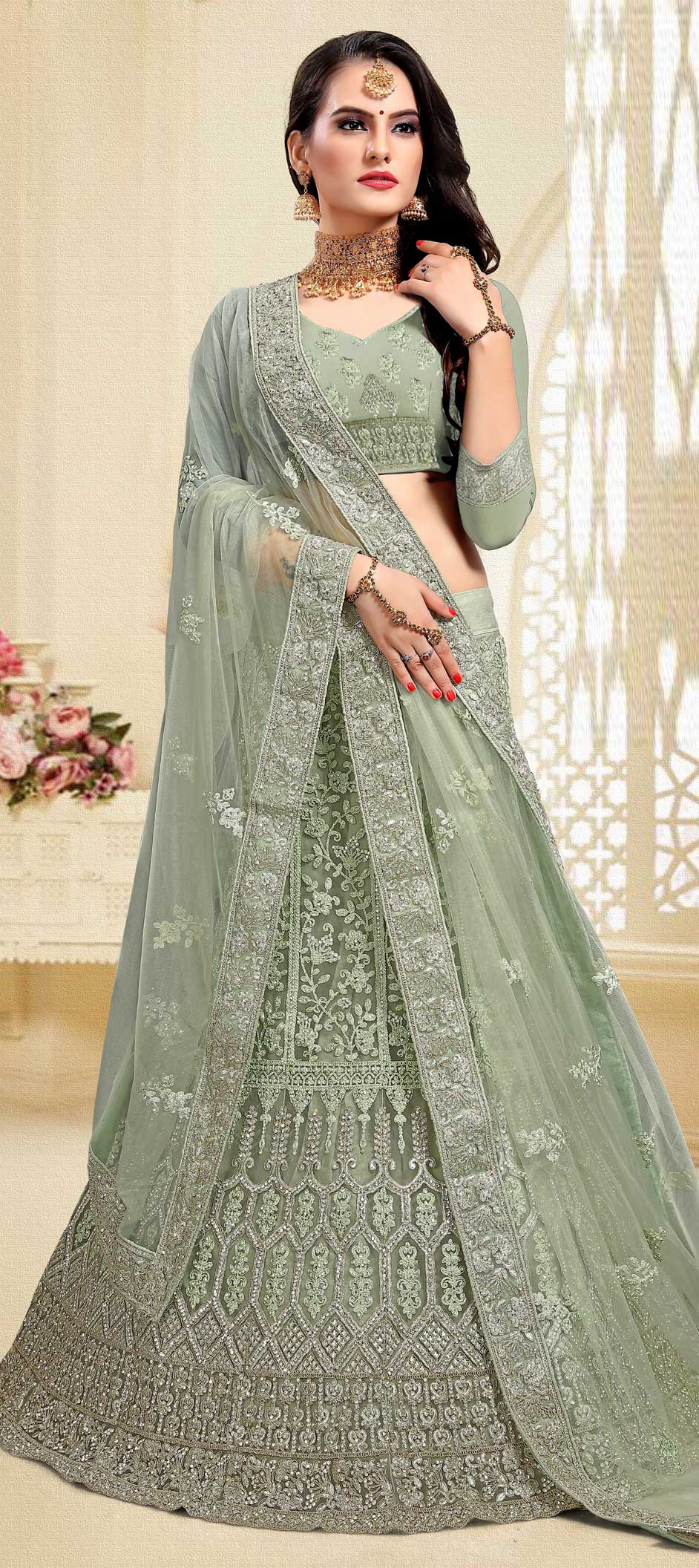 Festive, Reception, Wedding Green color Net fabric Lehenga : 1664585