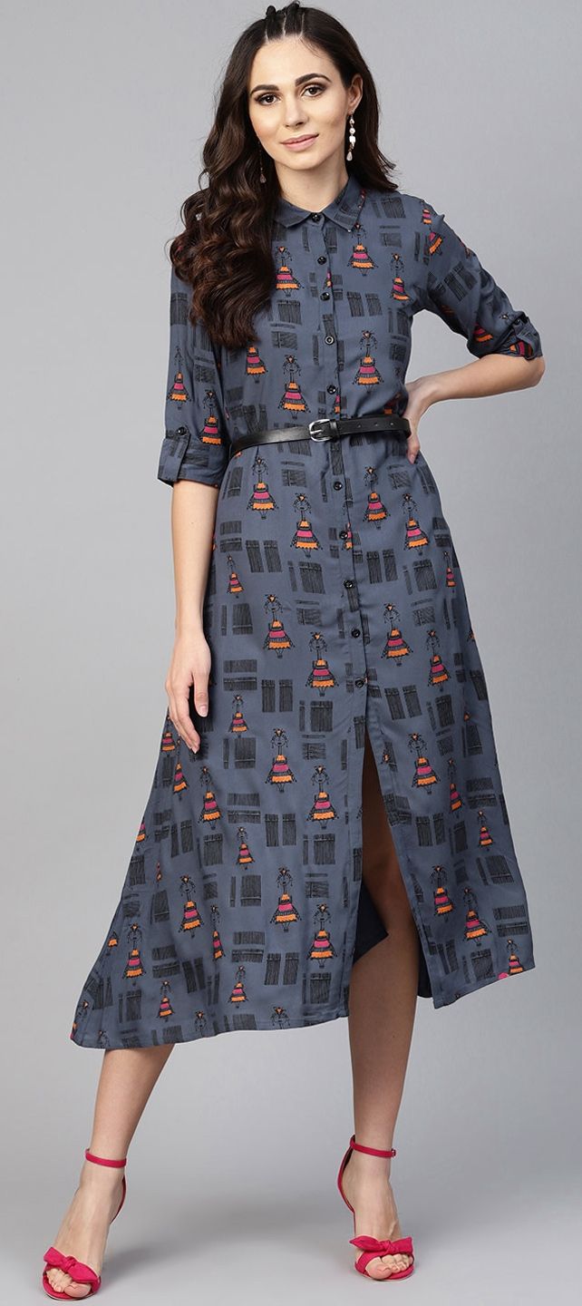 Casual Black and Grey color Rayon fabric Dress : 1665302