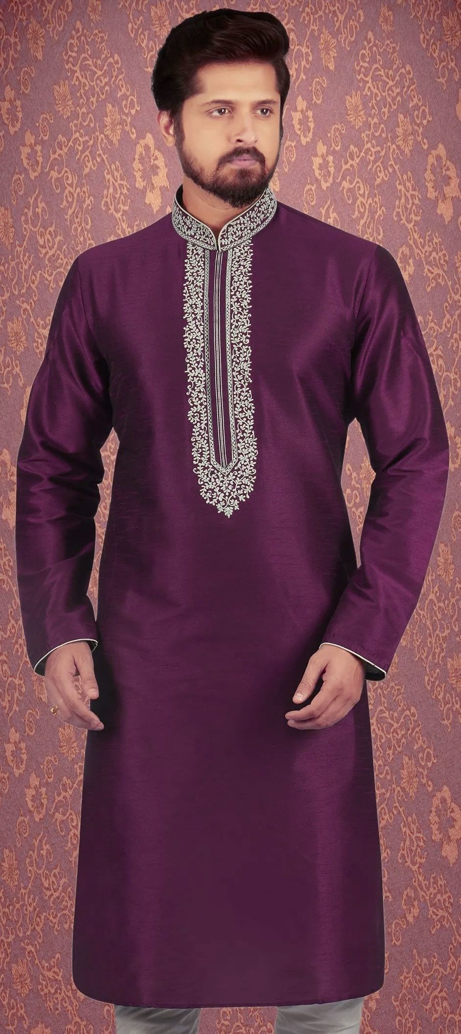 Purple and Violet color Dupion Silk fabric Kurta : 1666024