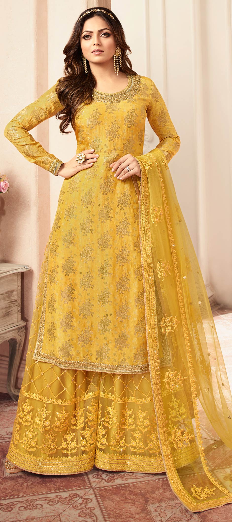 Bollywood Yellow color Jacquard fabric Salwar Kameez : 1666529