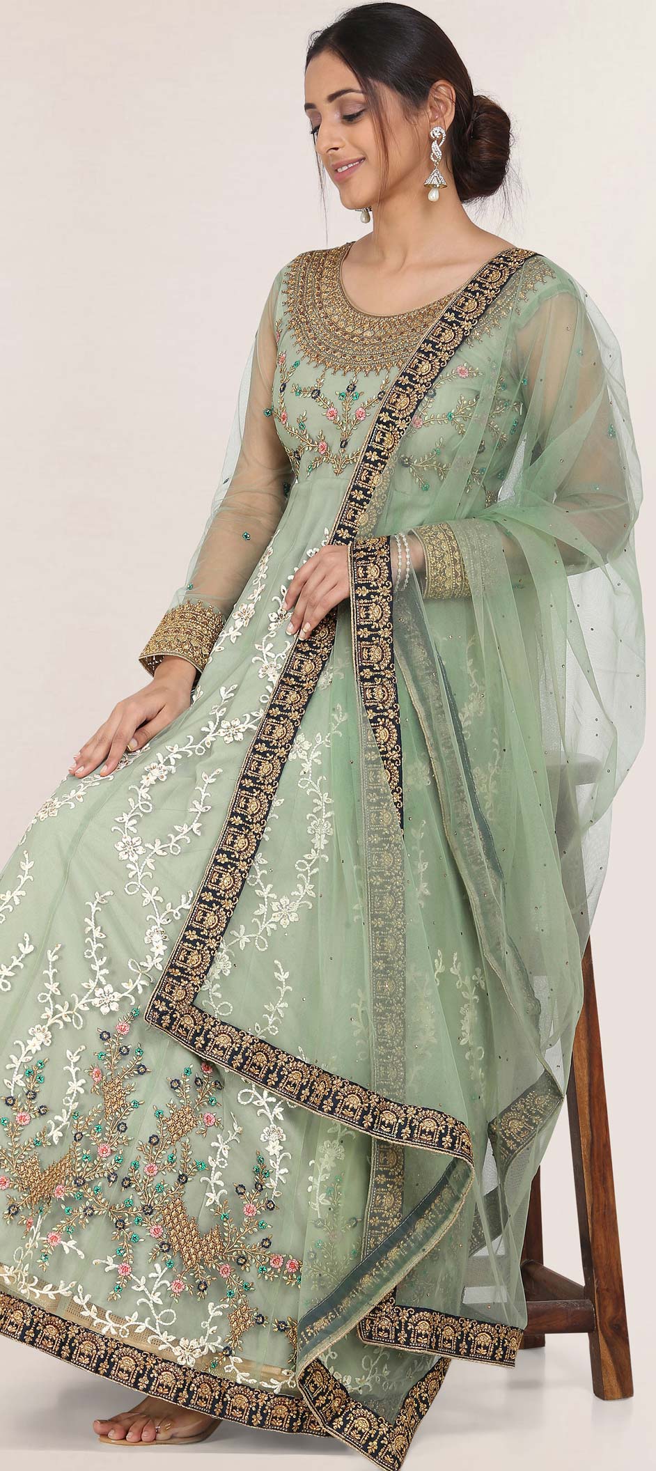 Festive, Party Wear Green color Net fabric Gown : 1667384