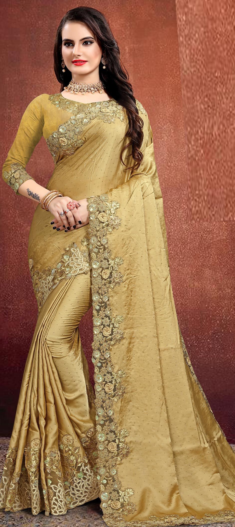 Festive, Reception, Wedding Gold color Georgette fabric Saree : 1667771
