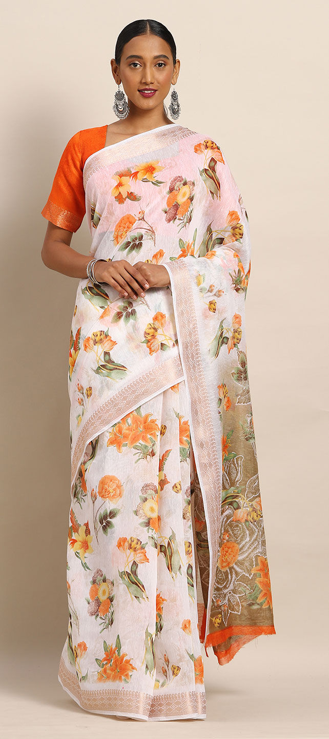 Casual, Traditional White and Off White color Blended Cotton fabric ...