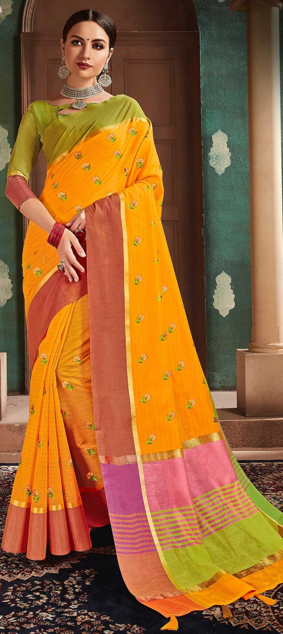 Traditional Yellow color Cotton fabric Saree : 1669399