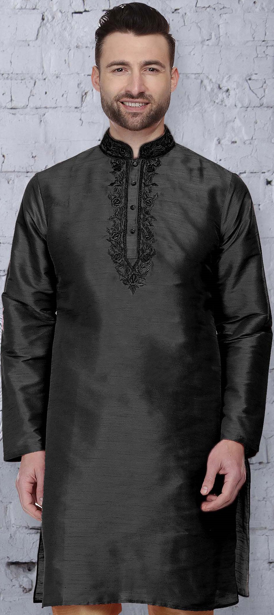 Black and Grey color Dupion Silk fabric Kurta : 1670035