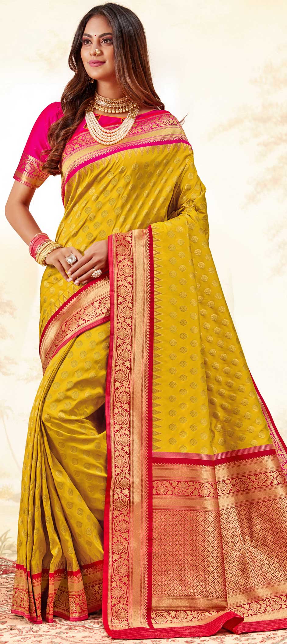 Traditional, Wedding Yellow color Gadwal silk, Silk fabric Saree : 1673444