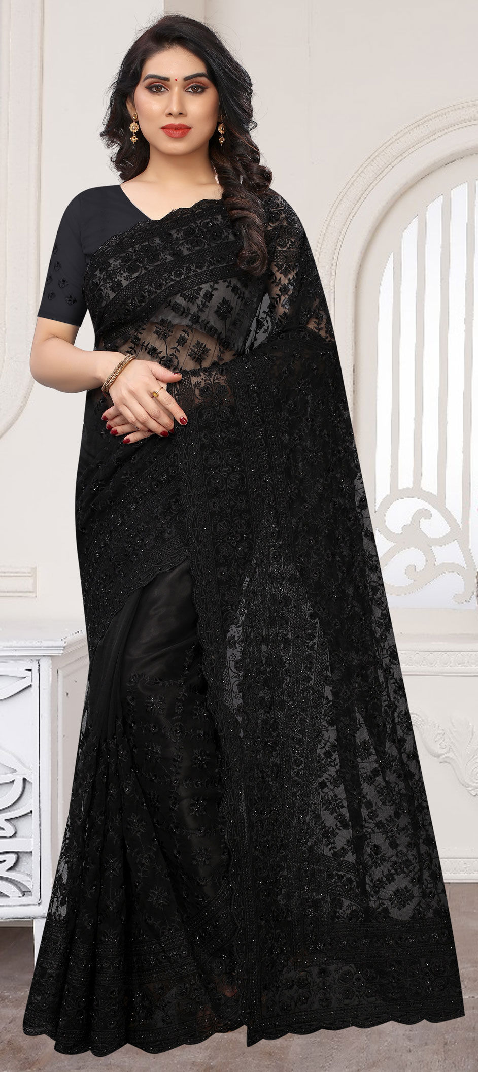 Festive, Reception, Wedding Black and Grey color Net fabric Saree : 1673903