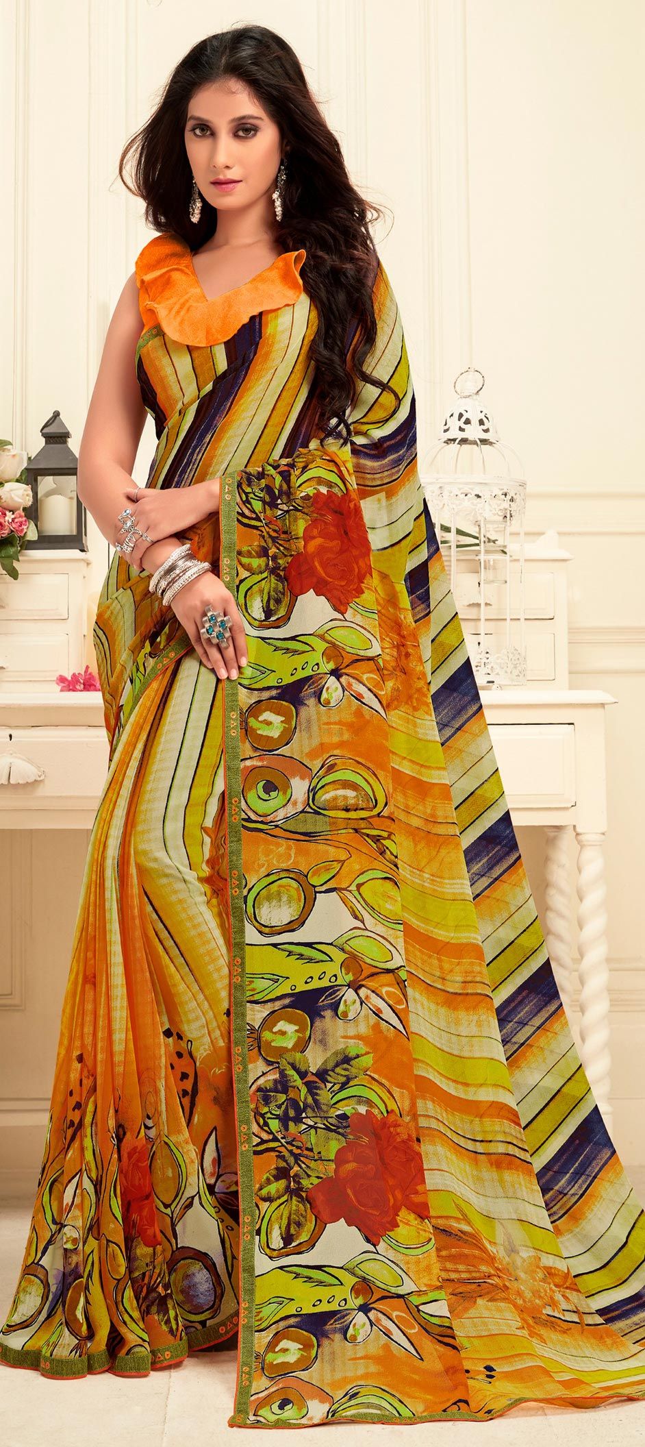 Party Wear, Reception Multicolor color Faux Georgette fabric Saree ...