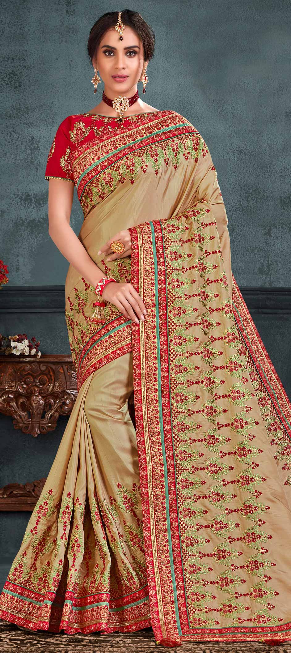 Traditional Beige and Brown color Poly Silk, Silk fabric Saree : 1677177