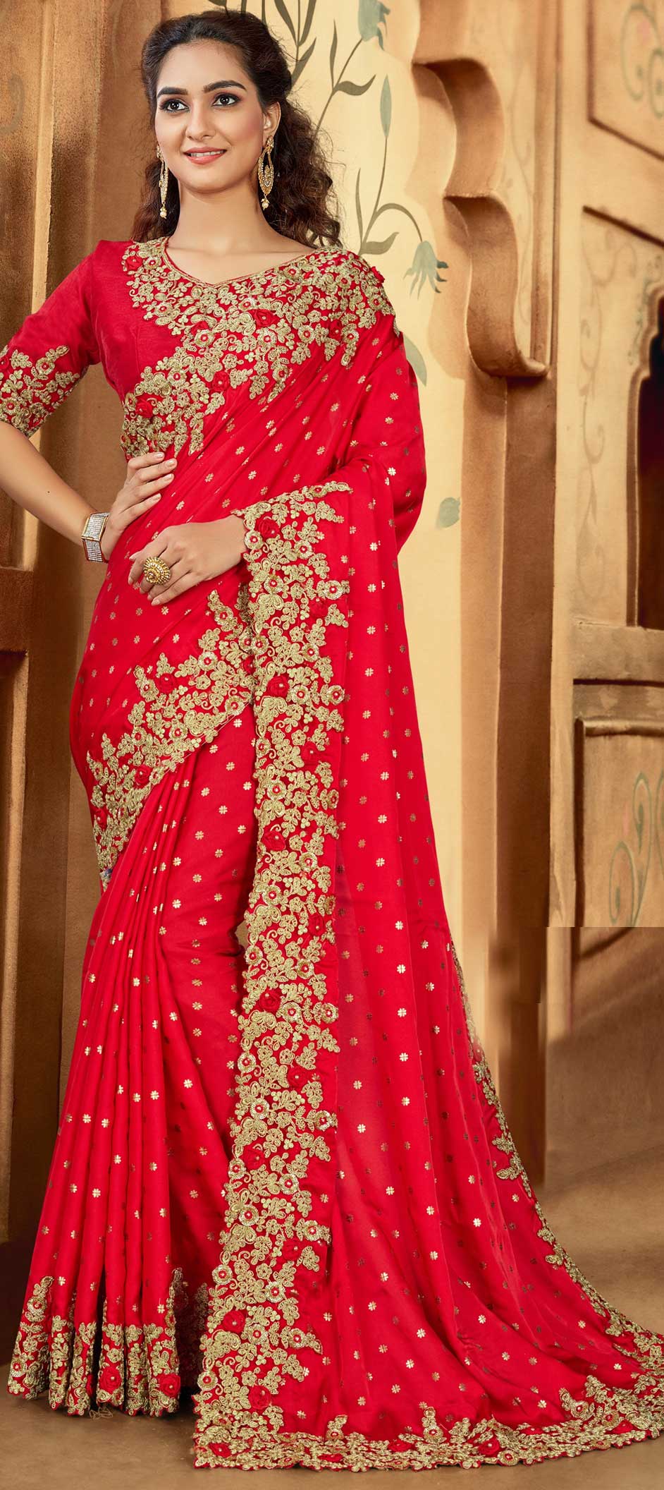 Traditional Red and Maroon color Satin Silk fabric Saree : 1679840