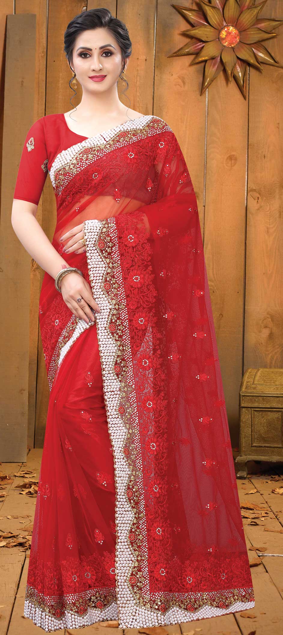 Party Wear, Wedding Red and Maroon color Net fabric Saree : 1680880