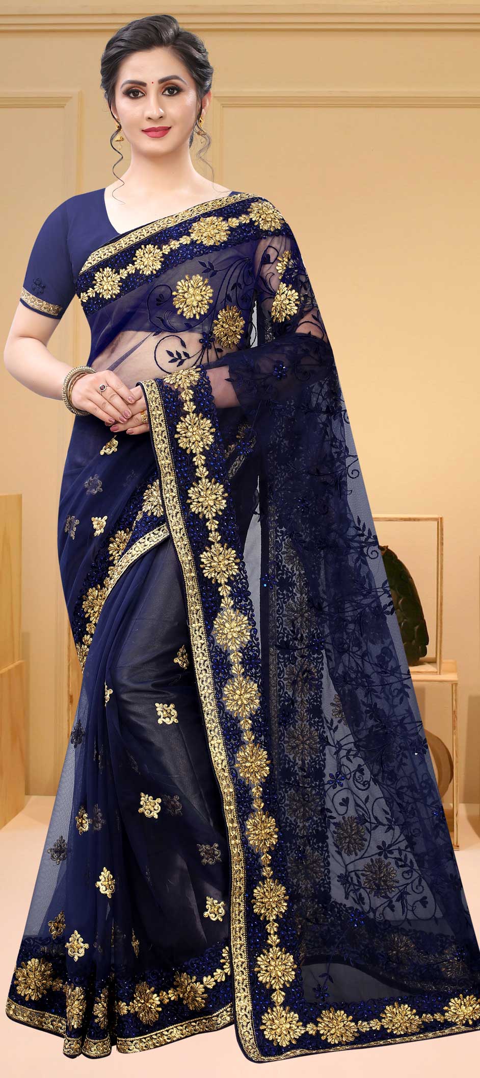 Festive, Reception Blue color Net fabric Saree : 1680917