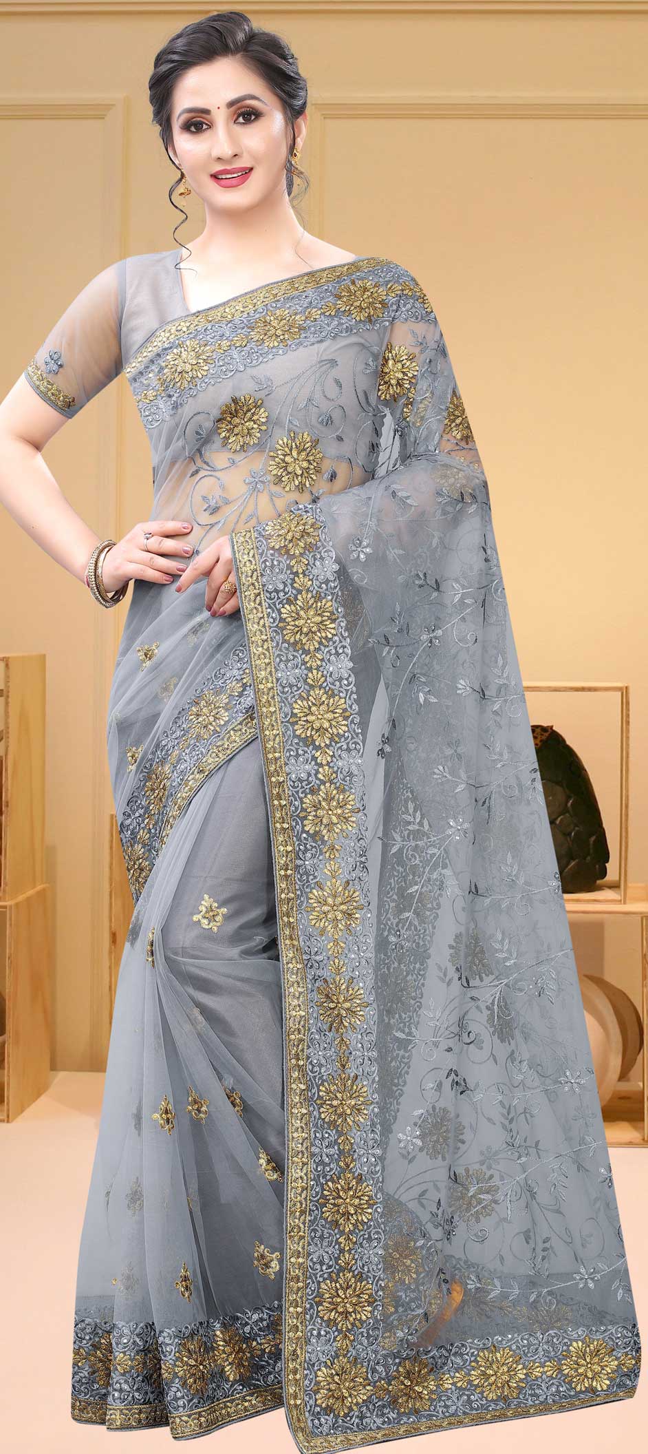 Festive, Reception Black and Grey color Net fabric Saree : 1680919
