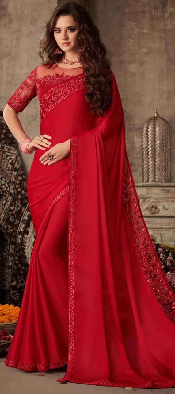 Traditional Red and Maroon color Organza Silk, Silk fabric Saree : 1681792