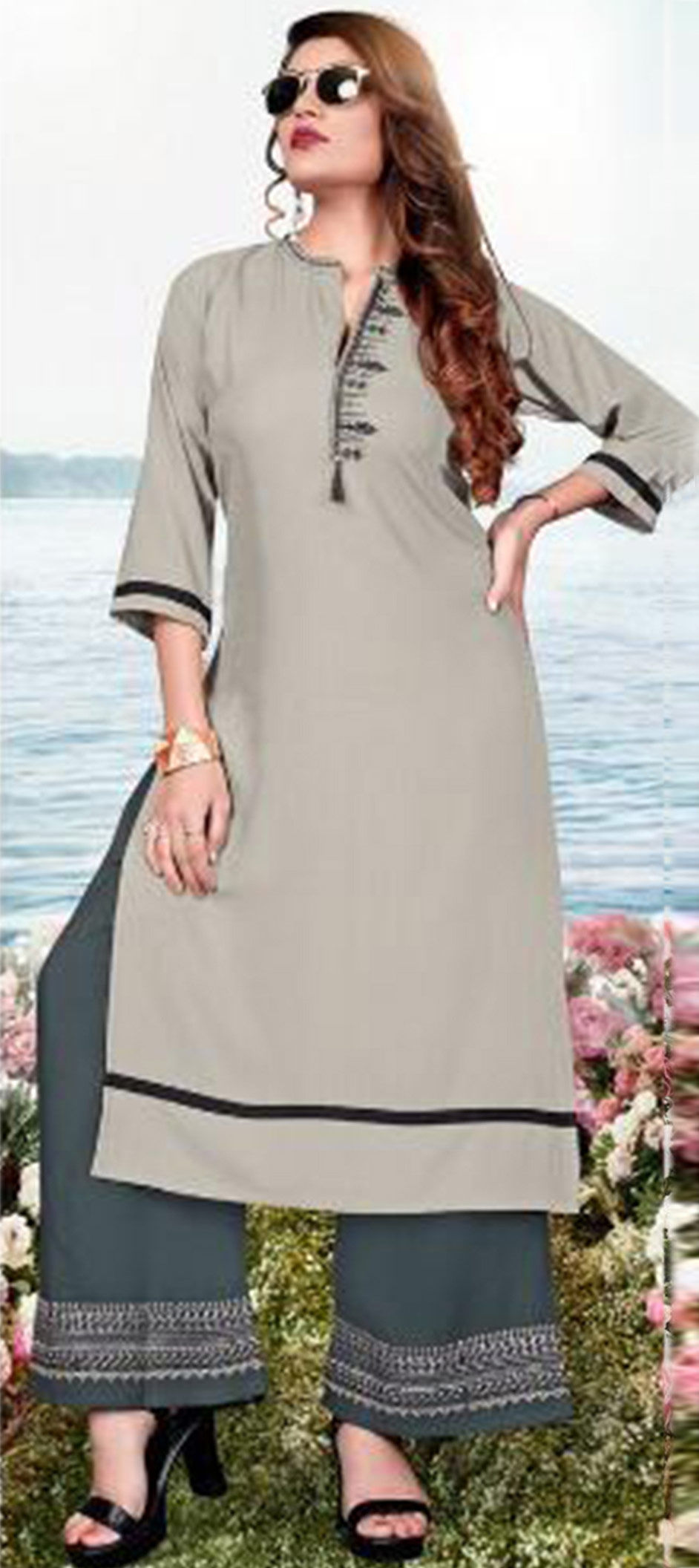 Casual Black and Grey color Rayon fabric Tunic with Bottom : 1682113