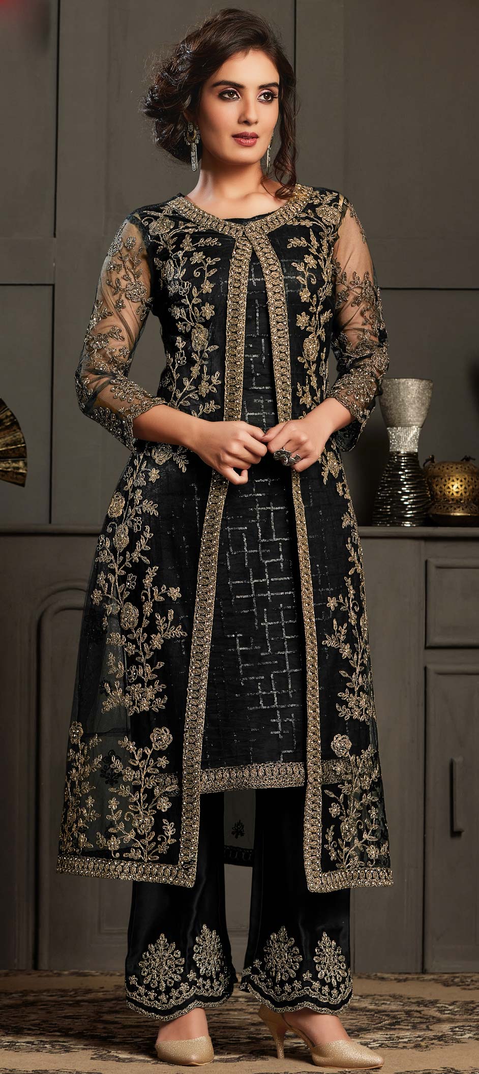 Festive, Reception Black and Grey color Net fabric Salwar Kameez : 1684754