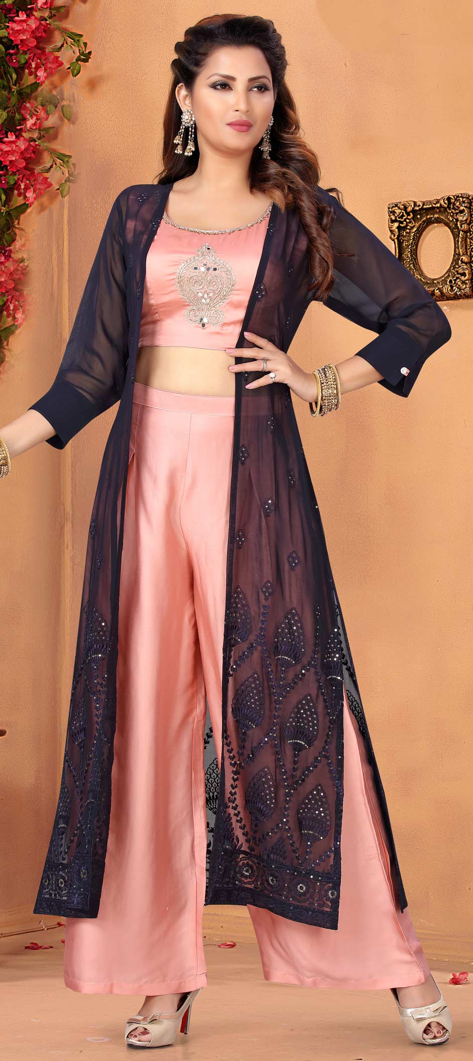 Party Wear, Reception Pink and Majenta color Georgette, Satin Silk ...
