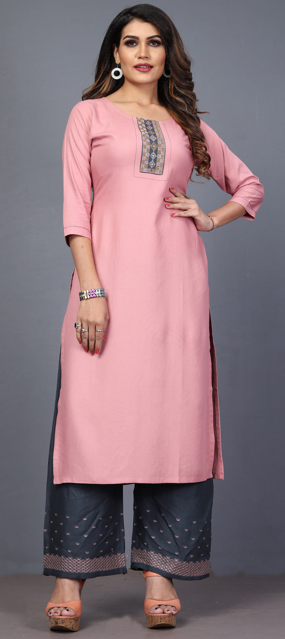 Party Wear Pink and Majenta color Rayon fabric Tunic with Bottom : 1685276