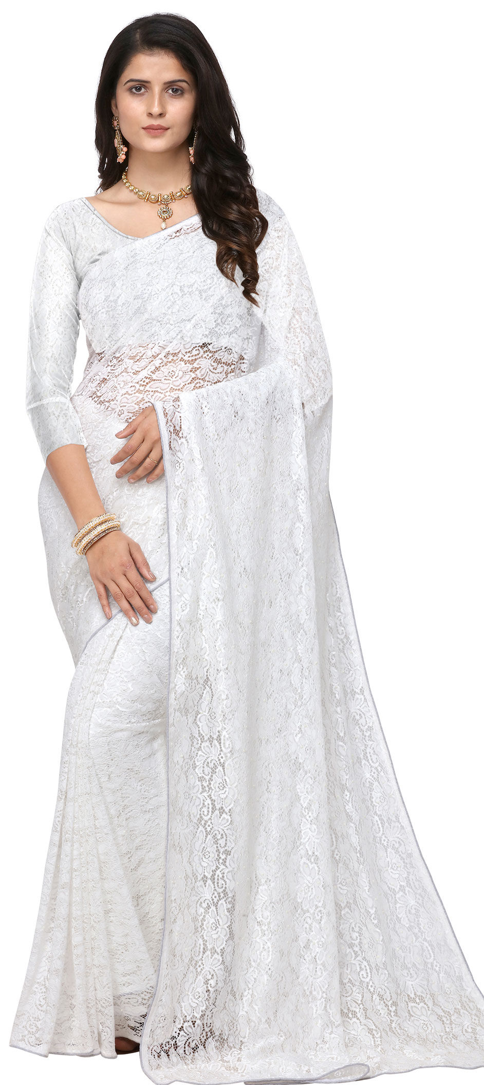 Festive, Party Wear White and Off White color Net fabric Saree : 1685399