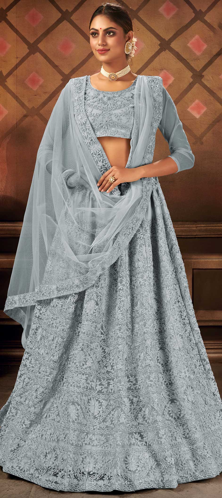 Festive, Reception Black and Grey color Net fabric Lehenga : 1686291