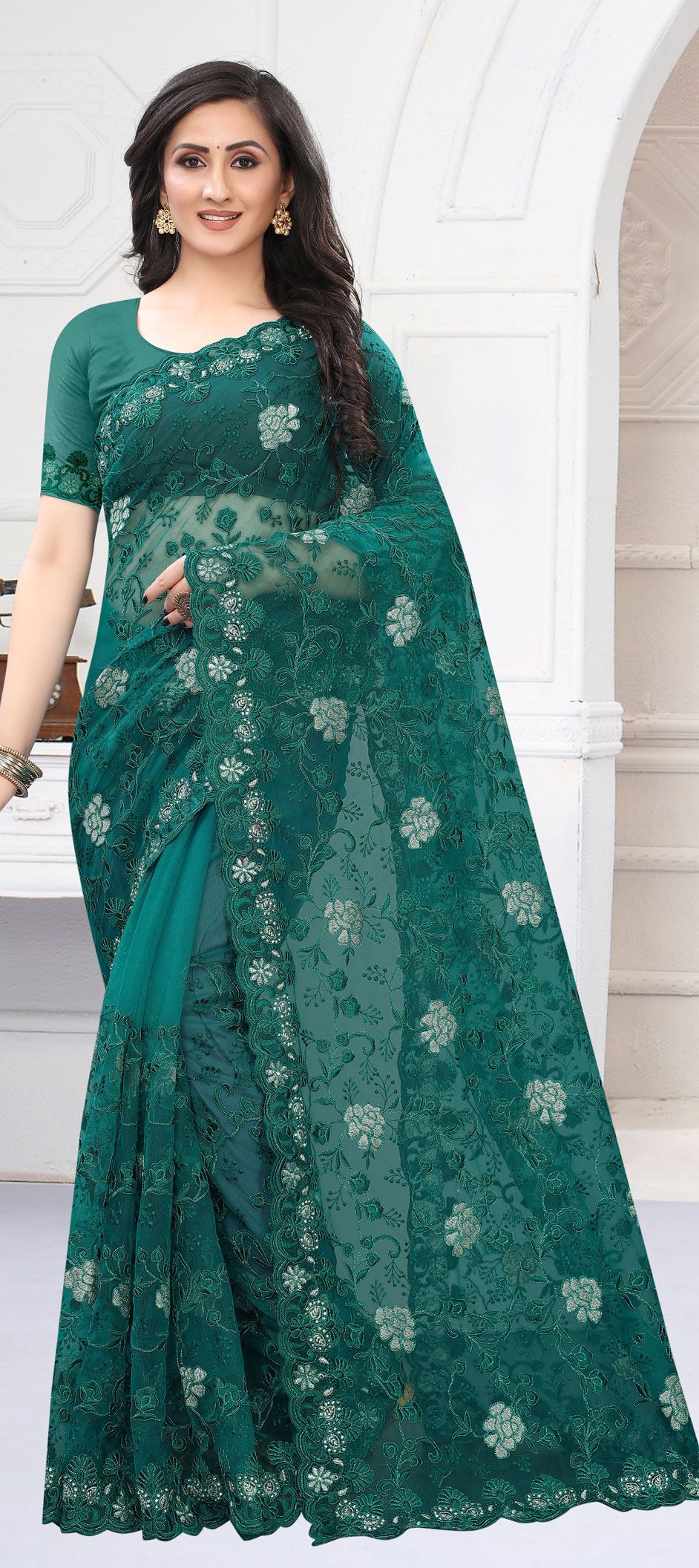 Festive, Wedding Green color Net fabric Saree : 1687252