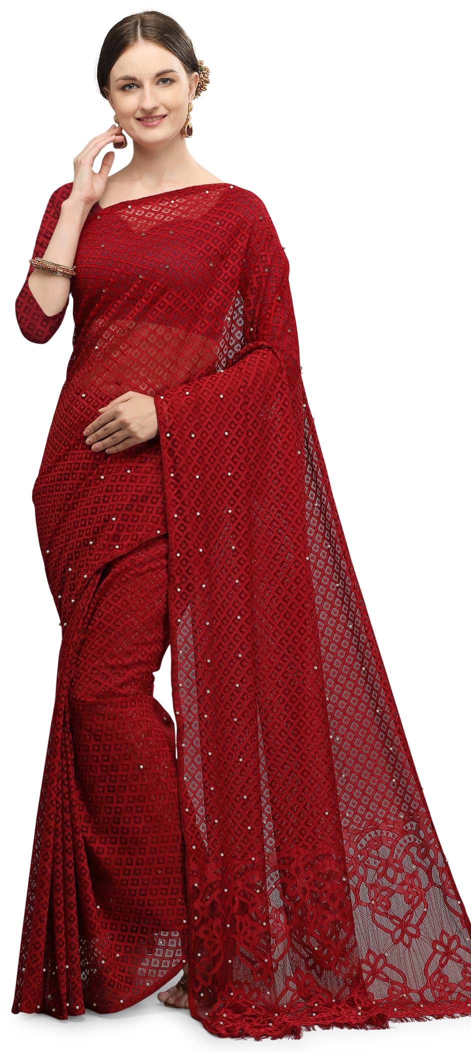 Party Wear Red and Maroon color Net fabric Saree : 1687749