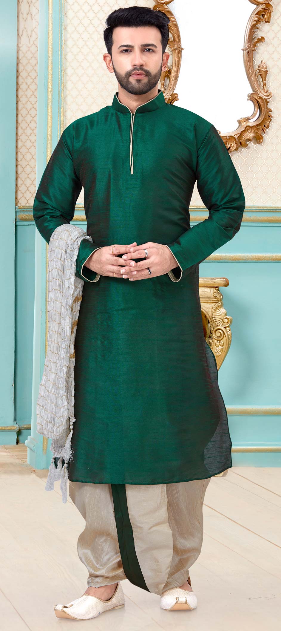 Green color Dupion Silk fabric Dhoti Kurta : 1687833