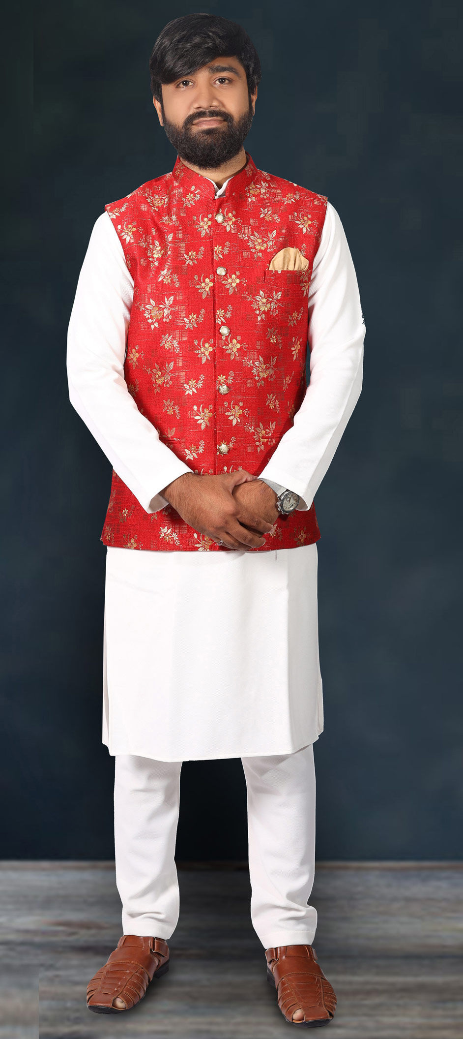 Blue color Cotton fabric Kurta Pyjama with Jacket : 1690381